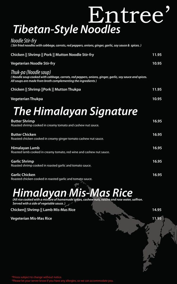 Menu at The Himalayan restaurant, Calgary