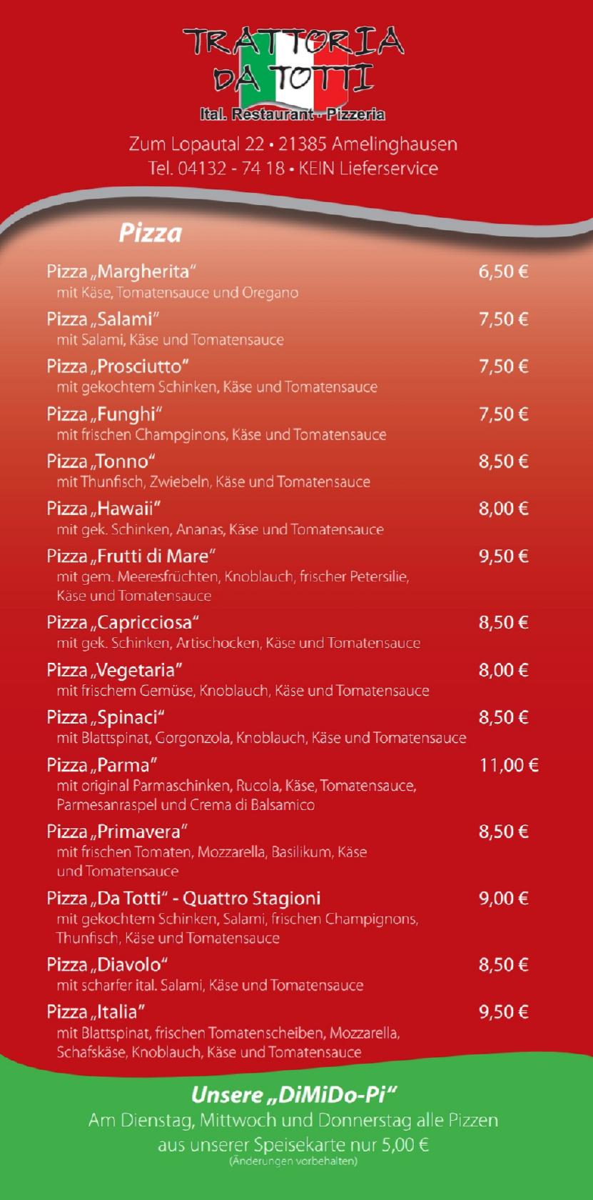 Speisekarte von Trattoria da Totti restaurant, Amelinghausen