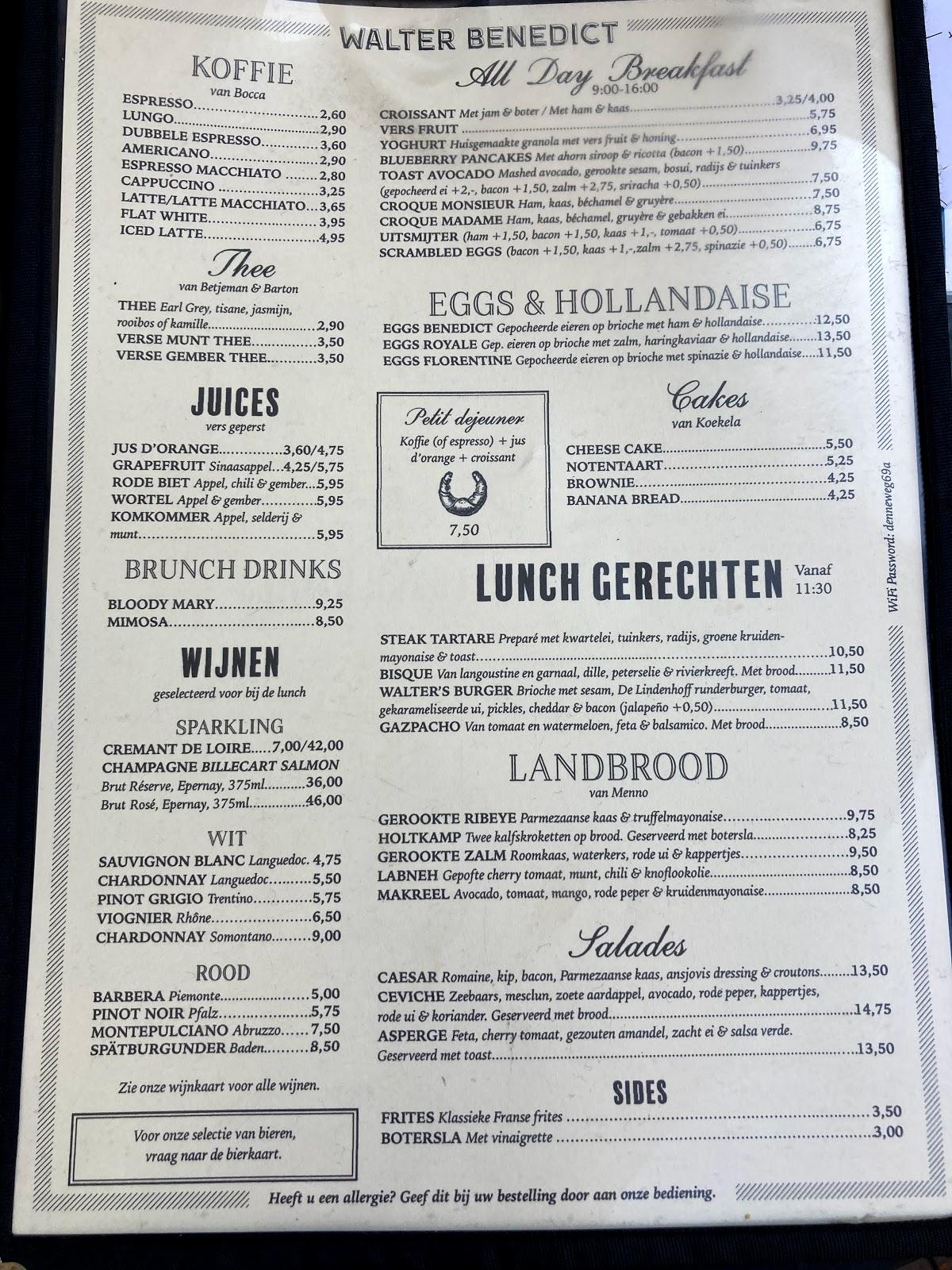 Menu at Walter Benedict, The Hague