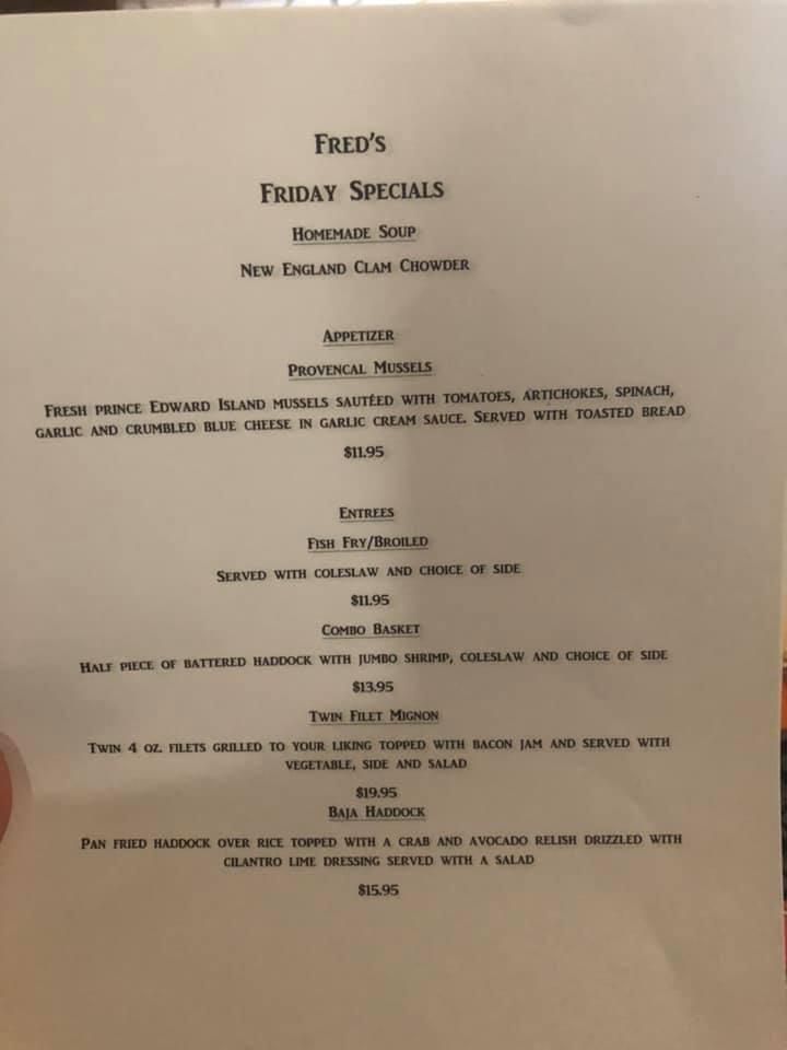 Menu at Fred's restaurant, Fredonia