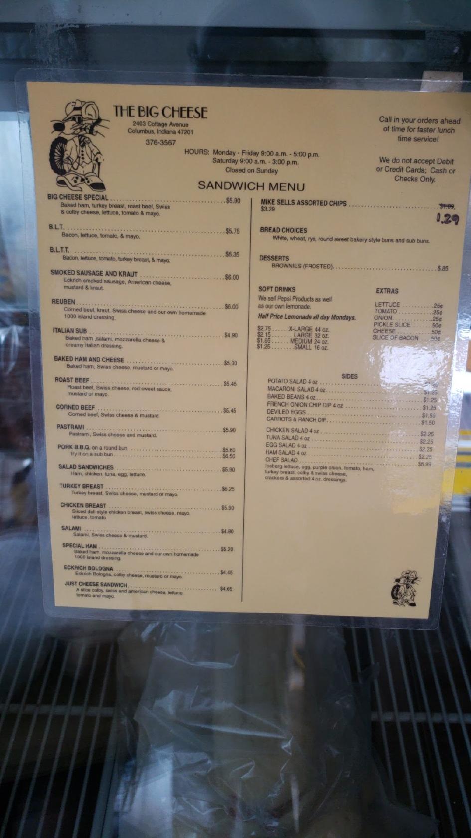 Menu at The Big Cheese restaurant, Columbus