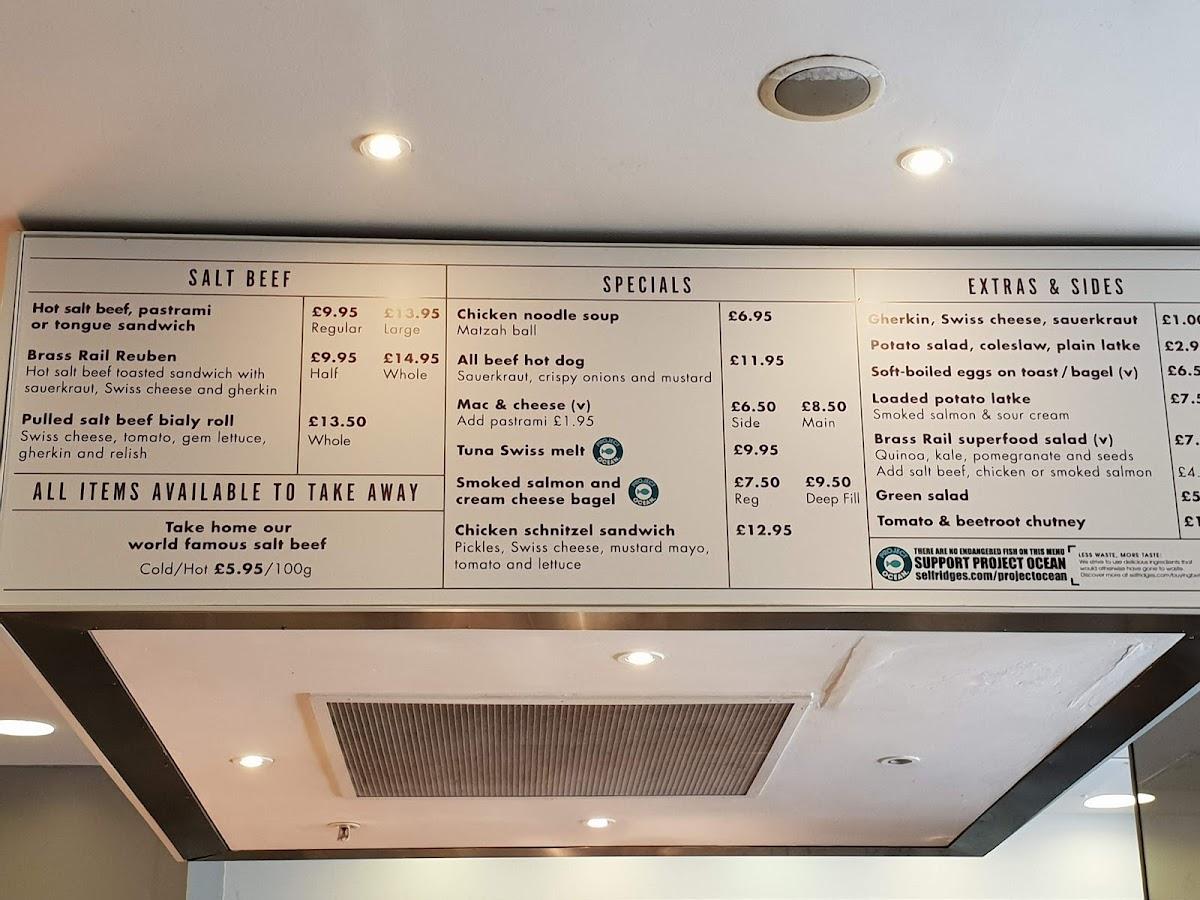Menu at The Brass Rail cafe, London