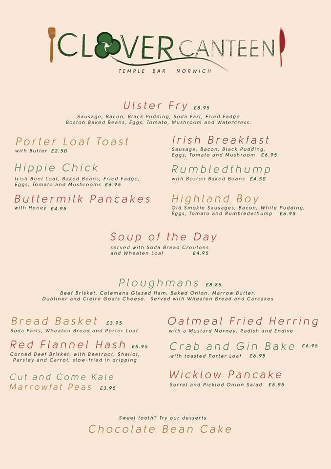 Menu at The Temple Bar, Norwich