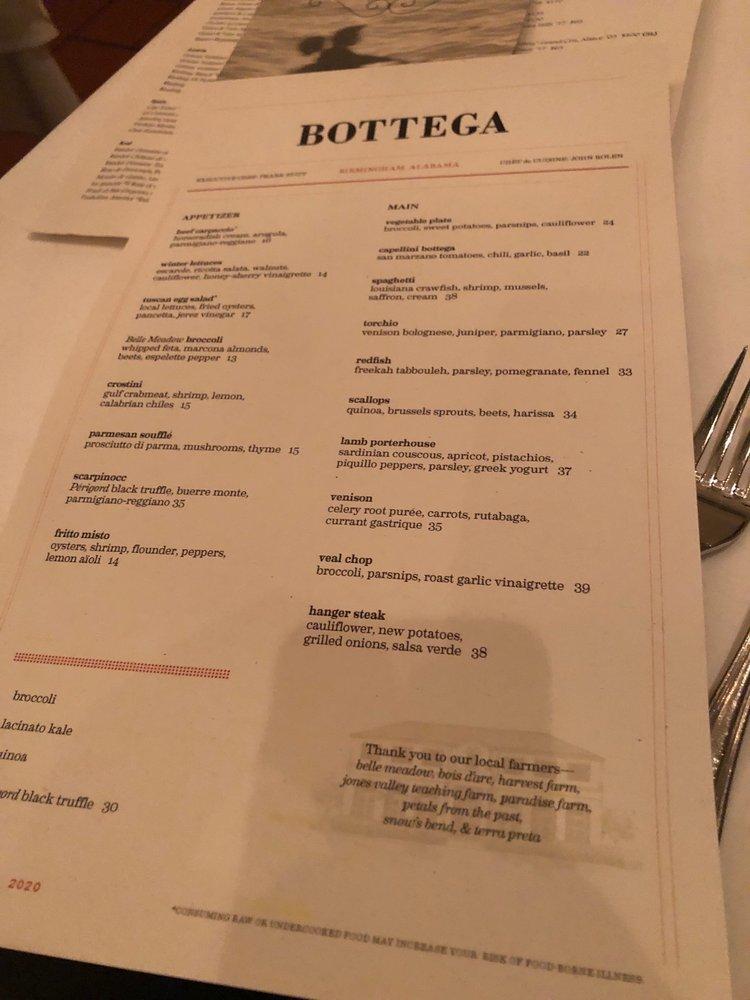 Menu at Bottega restaurant, Birmingham, Highland Ave