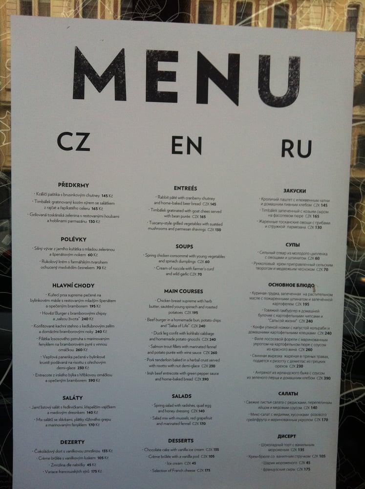 Menu at Café B Braun cafe, Prague
