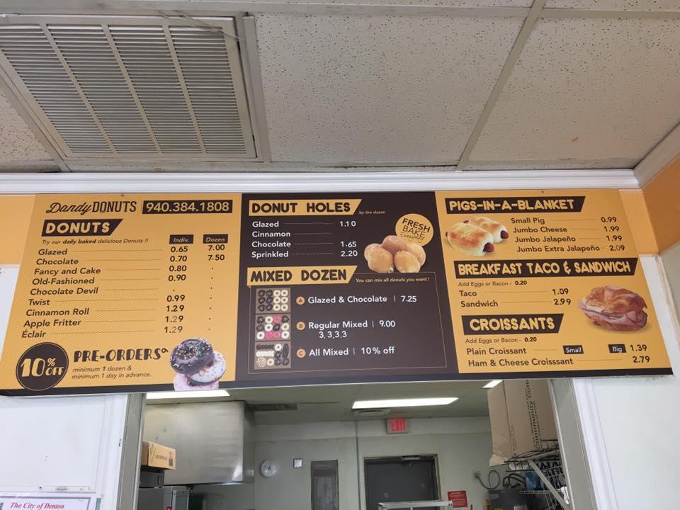 Menu at Dandy Donuts restaurant, Denton