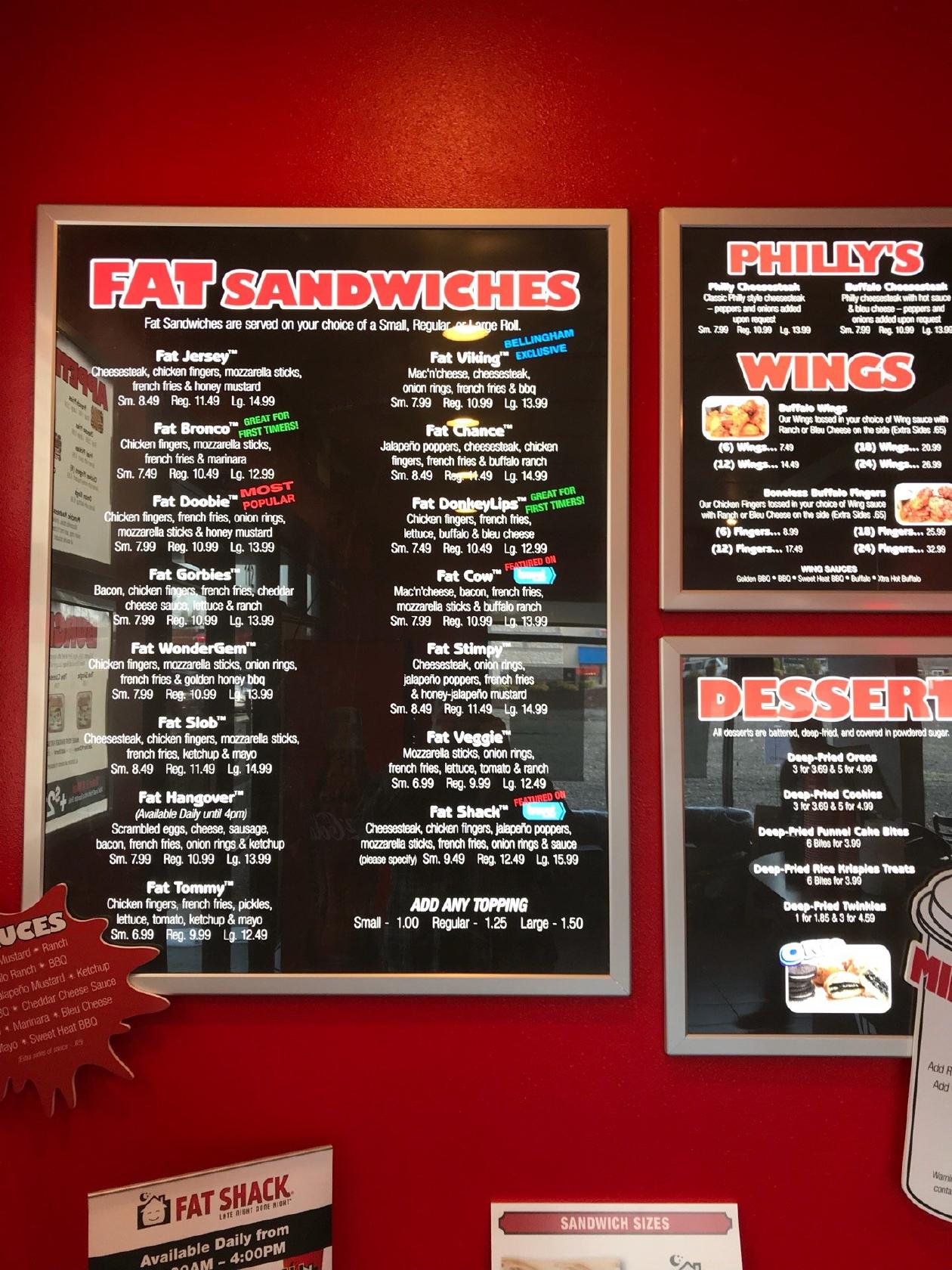Menu at Fat Shack restaurant, Bellingham