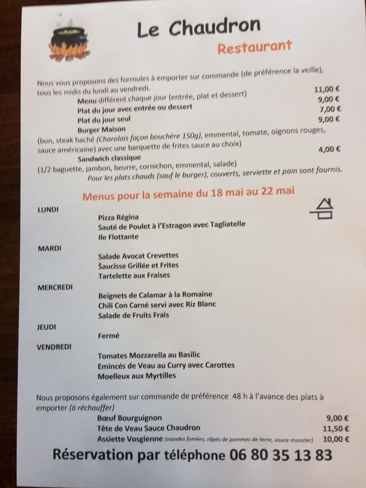 Menu au Le Chaudron restaurant, La Chapelle-aux-Bois