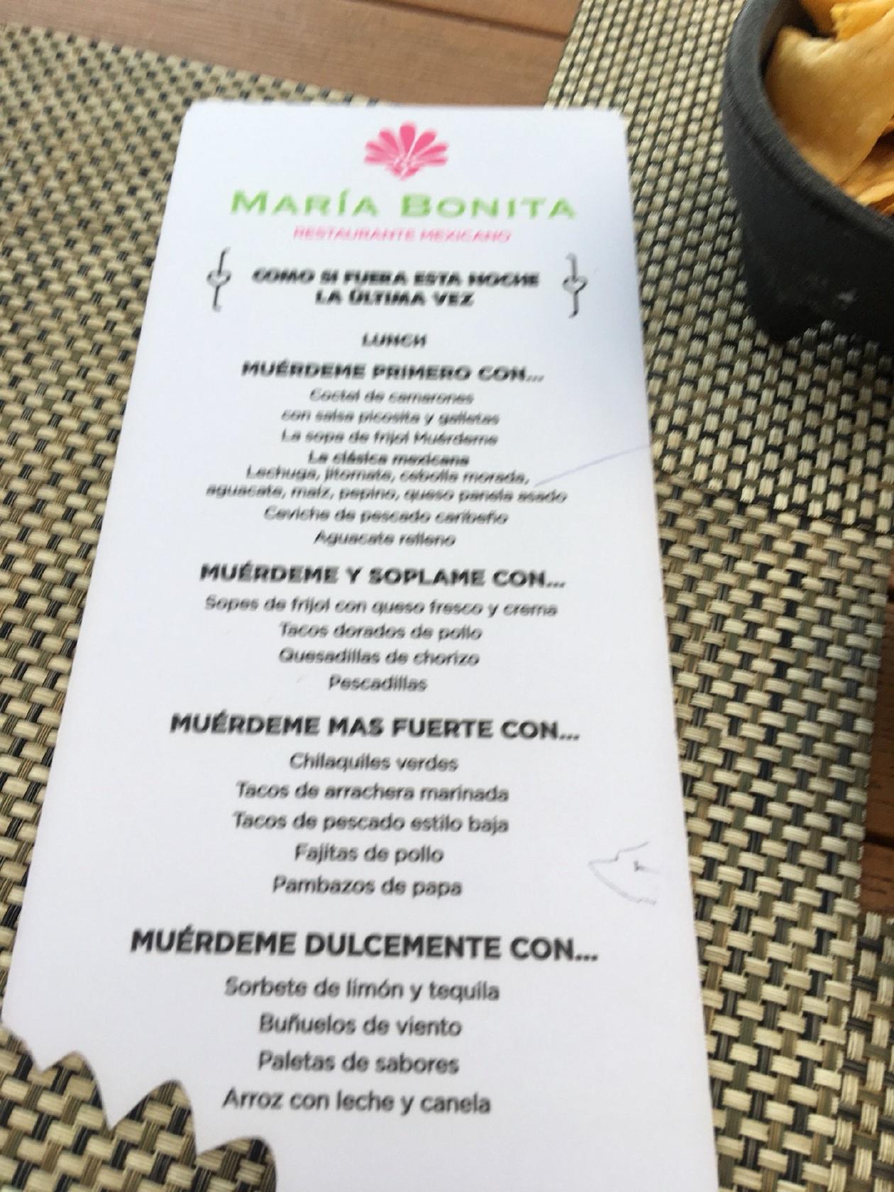 Menu at Maria Bonita restaurant, Cancún, Blvd. Kukulkan Km. 11.5