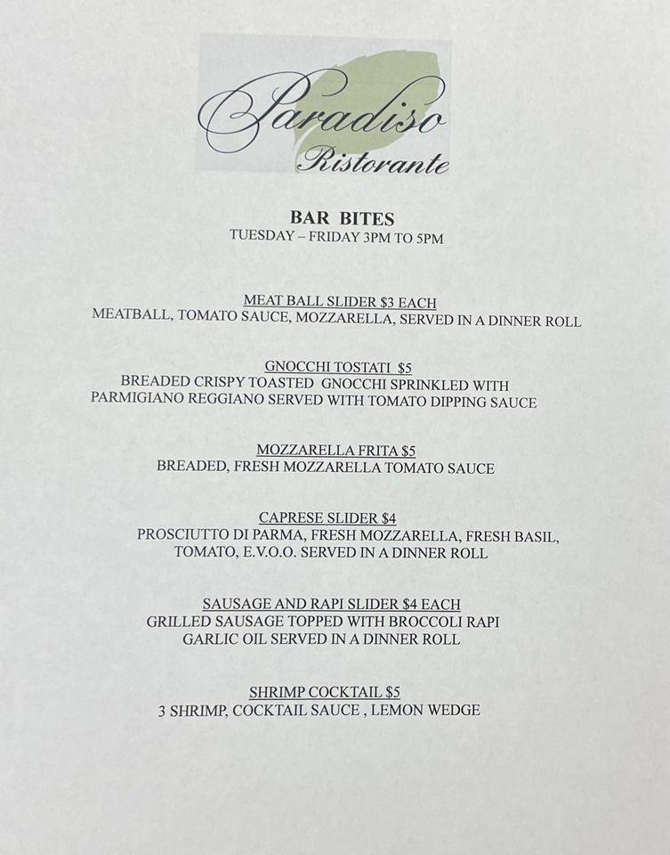 Menu at Paradiso Ristorante restaurant, Swampscott