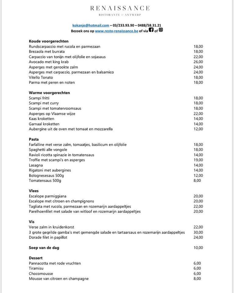 Menu at Renaissance Restaurant, Antwerp