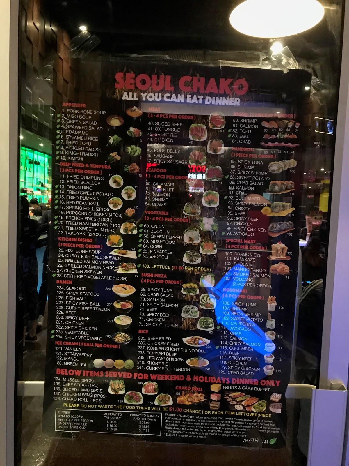 Carta del restaurante Seoul Chako, Montréal