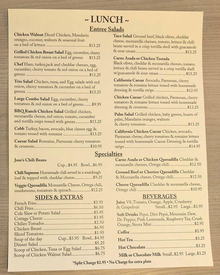 Menu at The Palms Cafe La Quinta, La Quinta