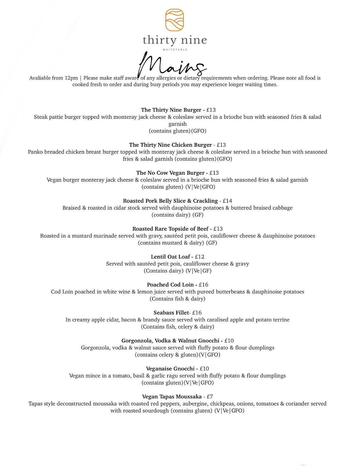 Menu at Thirty Nine Whitstable restaurant, Whitstable
