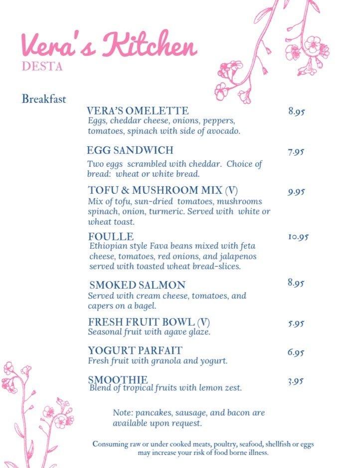 Menu at Vera's Kitchen restaurant, Manassas