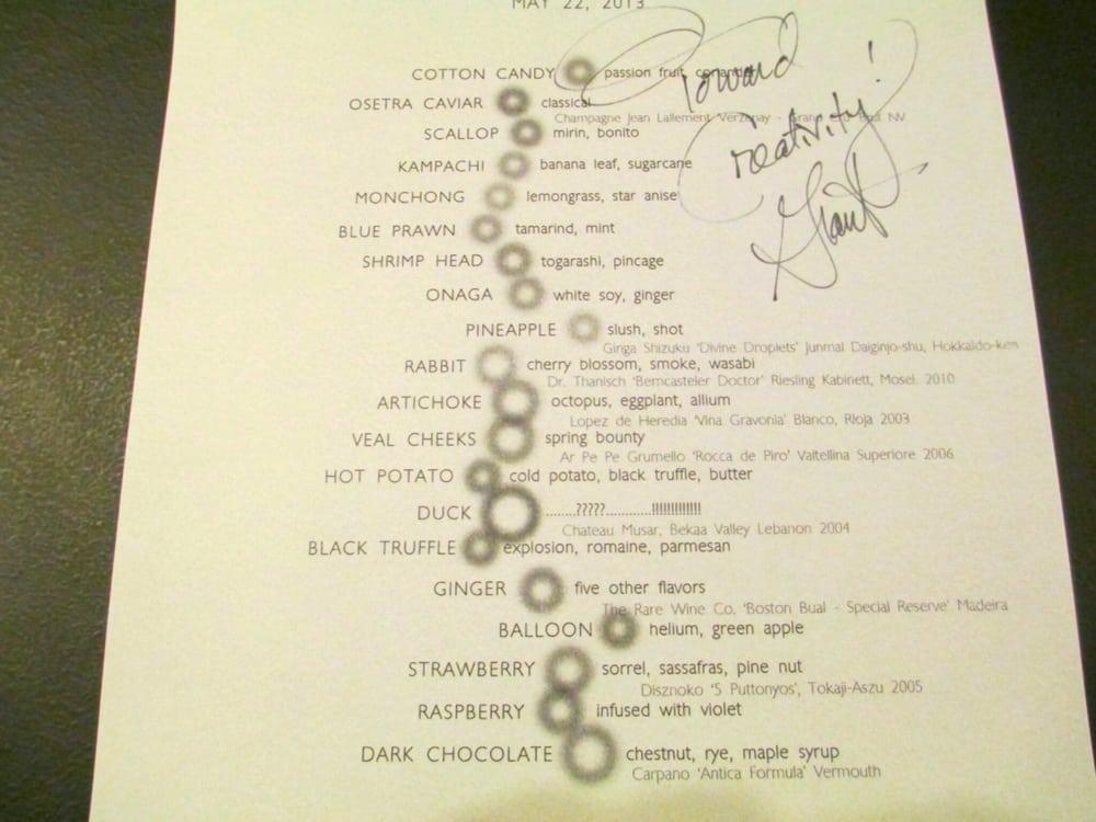 Menu at Alinea restaurant, Chicago