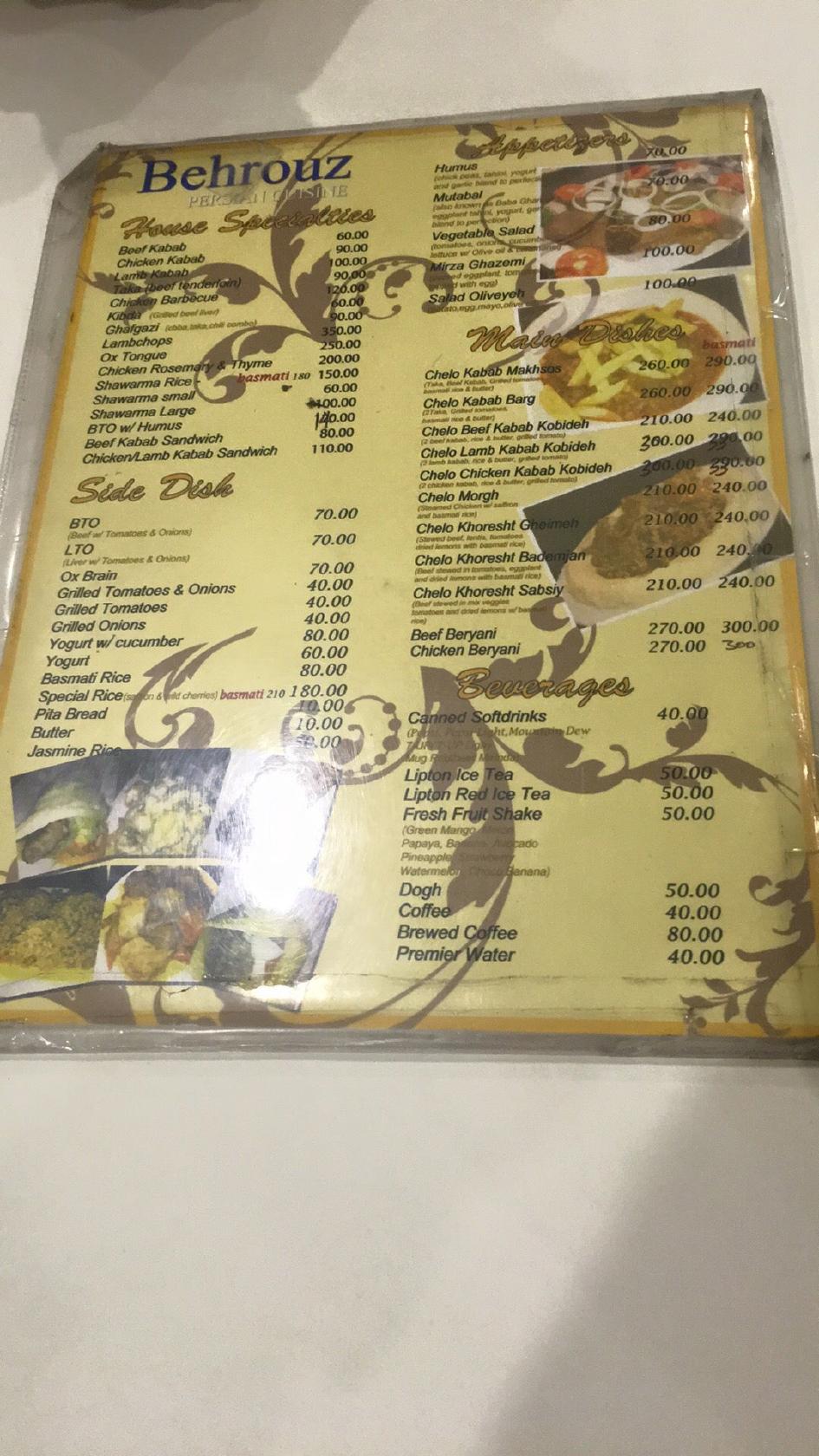 Menu at Behrouz Persian Cuisine restaurant, Quezon City, 50 Sct. Tobias St