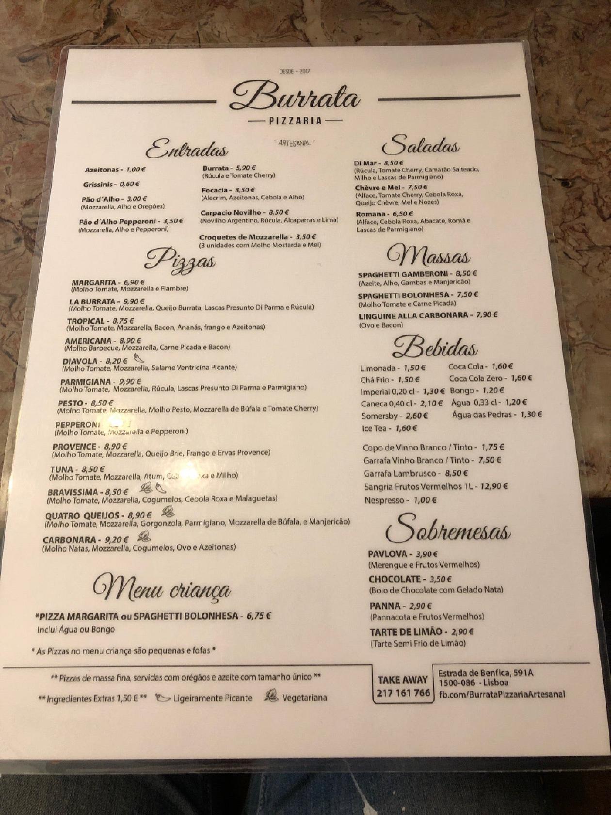 Menu at Burrata restaurant, Lisbon