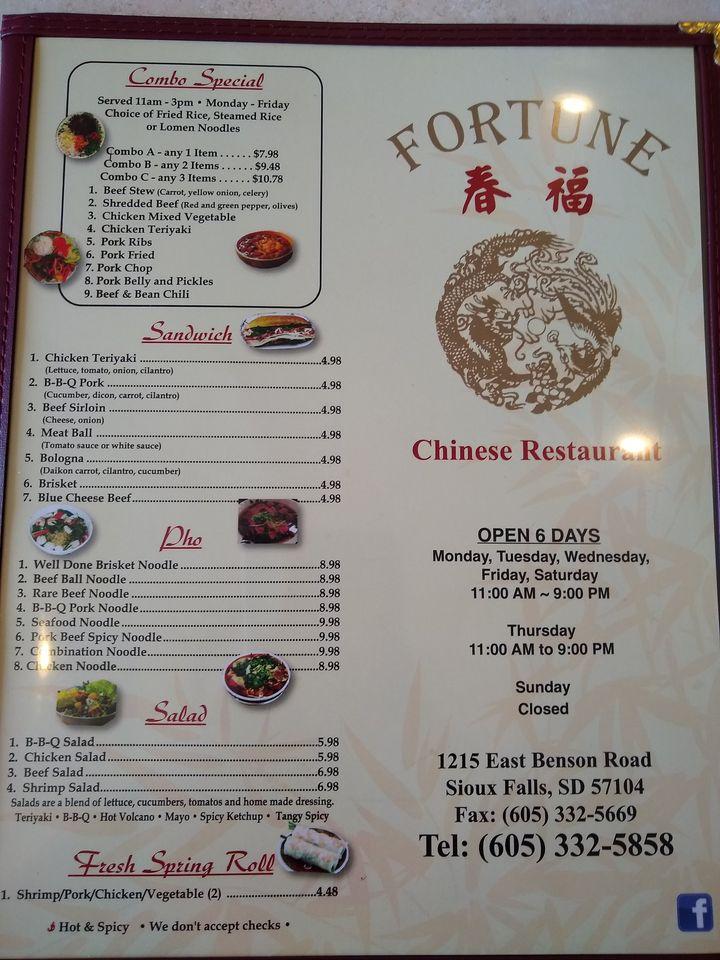 Menu at Fortune Chinese Restaurant, Sioux Falls