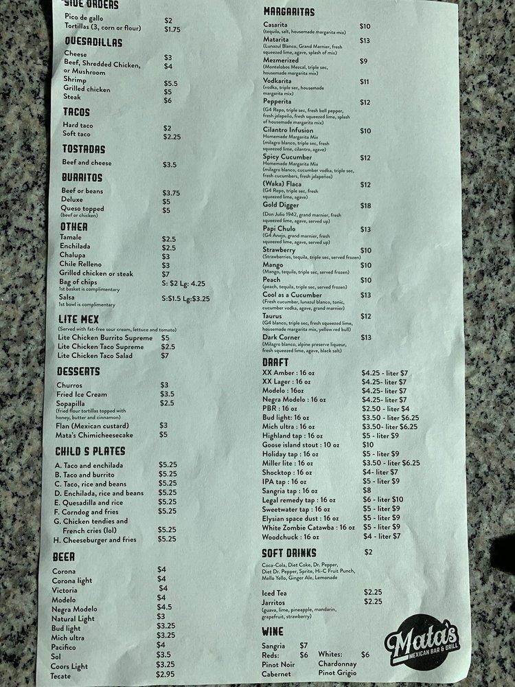 Menu at Mata's Mexican Bar and Grill, Spartanburg