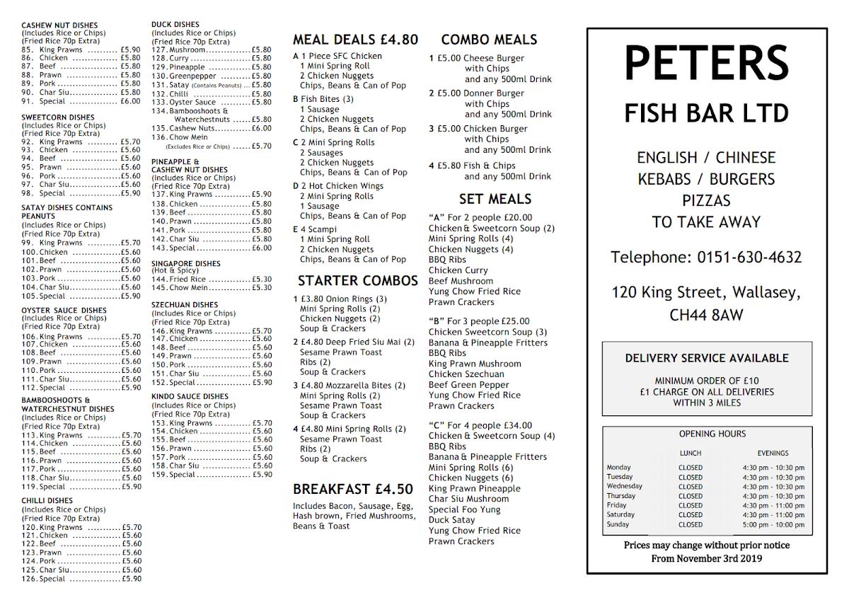 Menu at Peter's Fish Bar, Wallasey