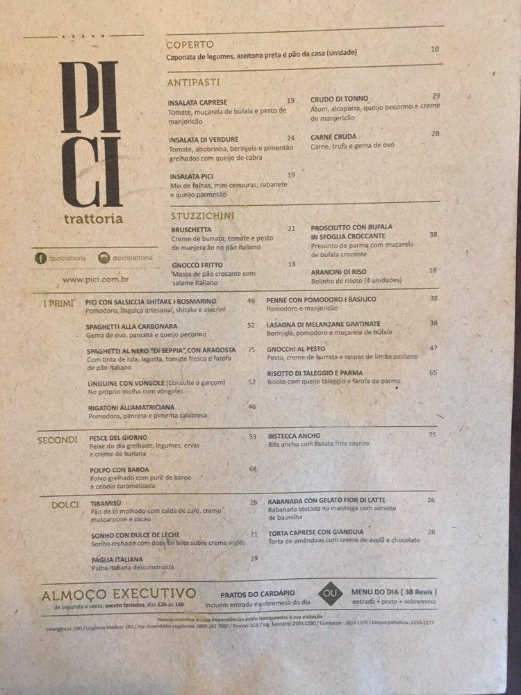 Menu at Pici Trattoria restaurant, Rio de Janeiro