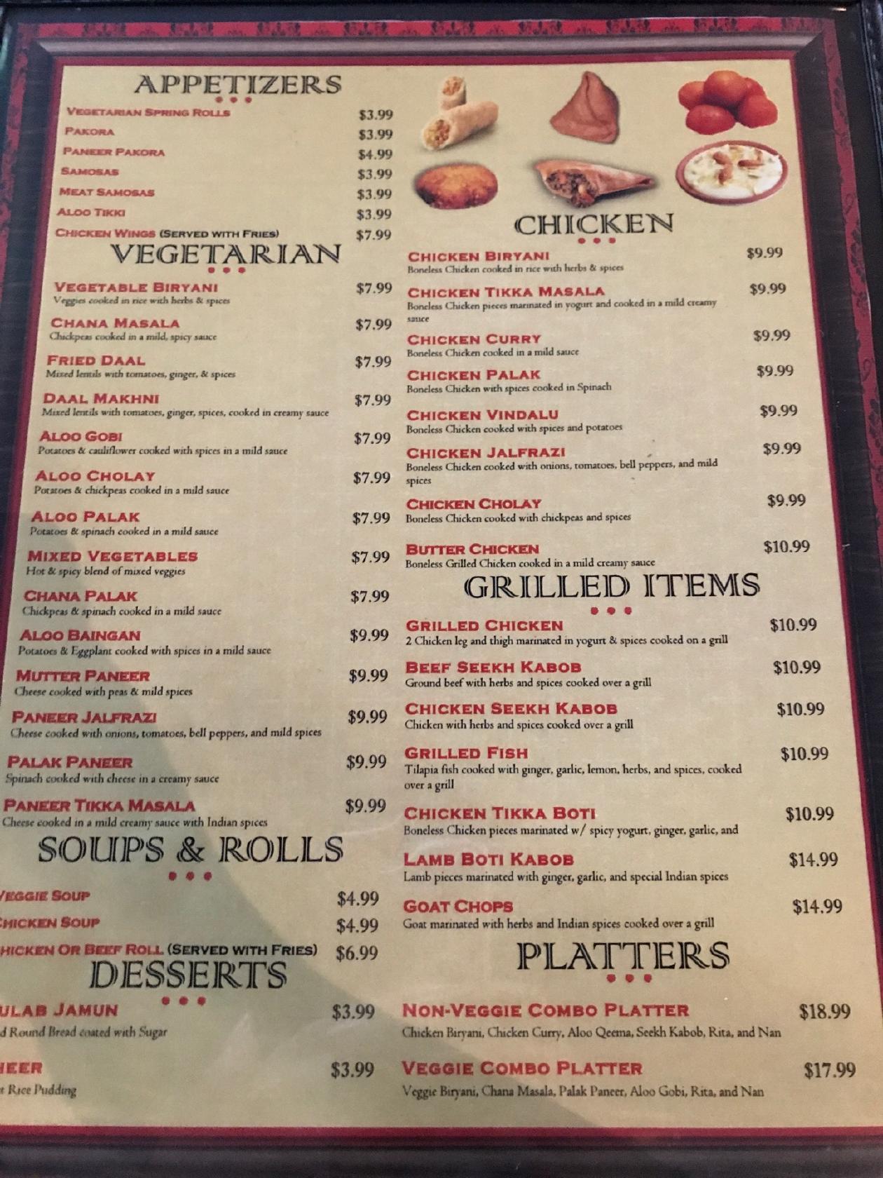 Menu at Rice & Curry Indo-Pak Cuisine restaurant, Galveston