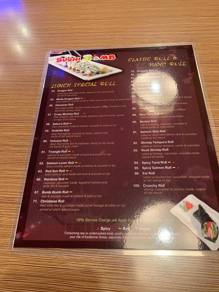 Menu at Sushi Bomb restaurant, Pittsburgh