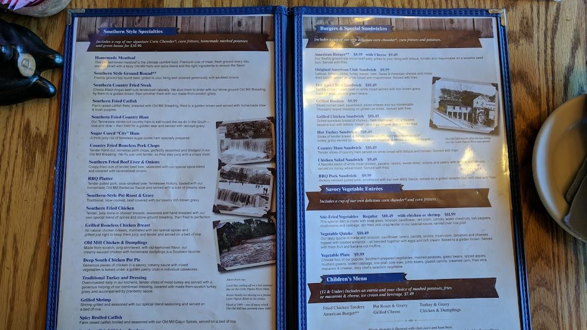 Menu at The Old Mill Restaurant, Pigeon Forge, 164 Old Mill Ave
