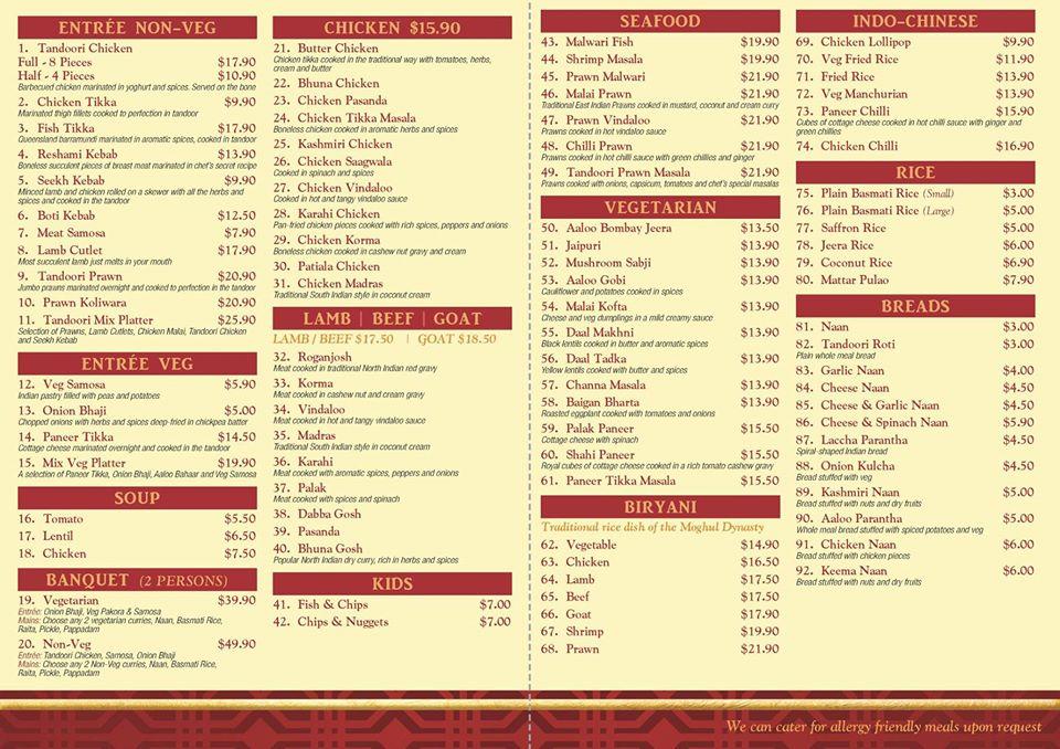 Menu at Amin's Kitchen restaurant, Surfers Paradise