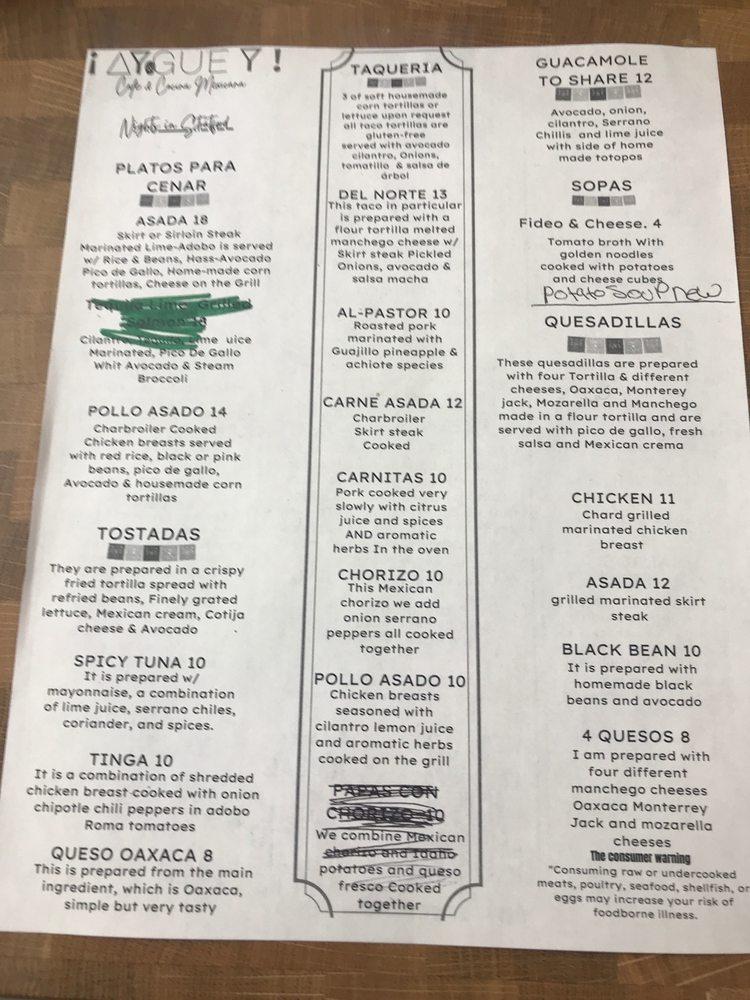 Carta de ¡Ay Güey! Cafe & Cocina Mexicana, Stratford