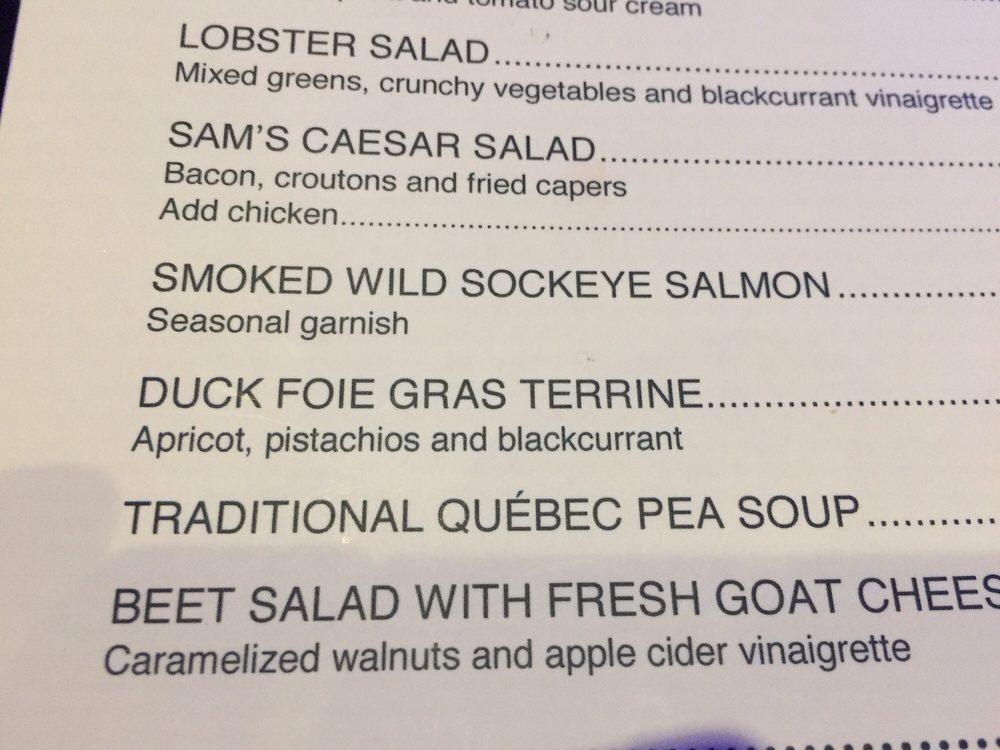 Menu at BISTRO LE SAM restaurant, Québec City