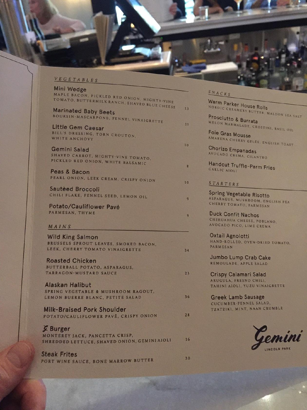 Menu at GEMINI pub & bar, Chicago