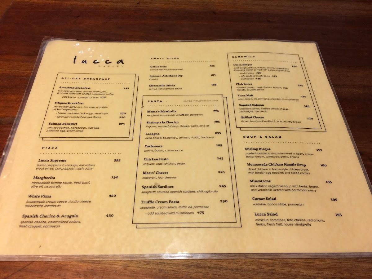 Menu at Lucca Bakery, Mandaluyong