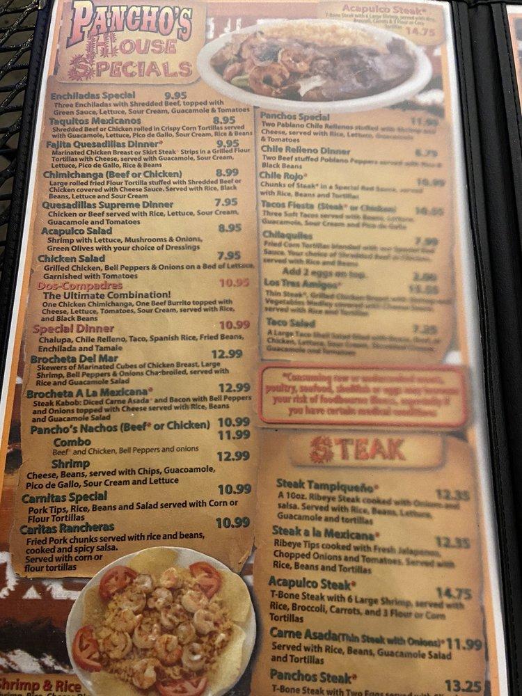 Menu at Pancho's Méxican Grill restaurant, Birmingham