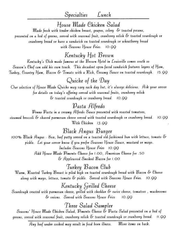 Menu at Seasons Restaurant, Corbin