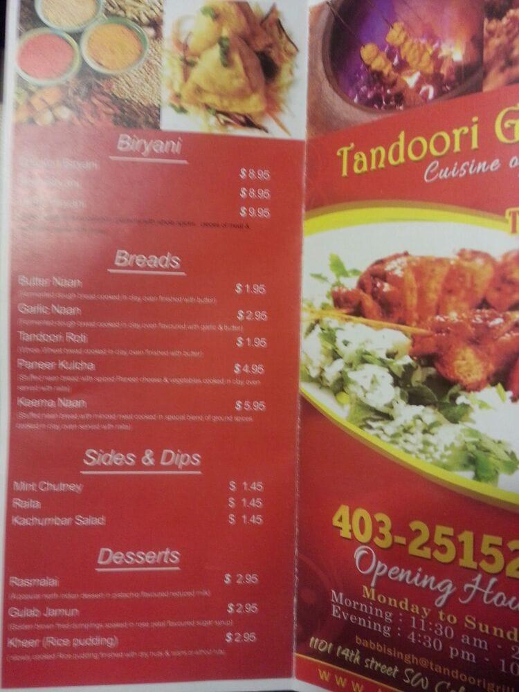 Menu at Tandoori Grill restaurant, Calgary, 515 4 Ave SW