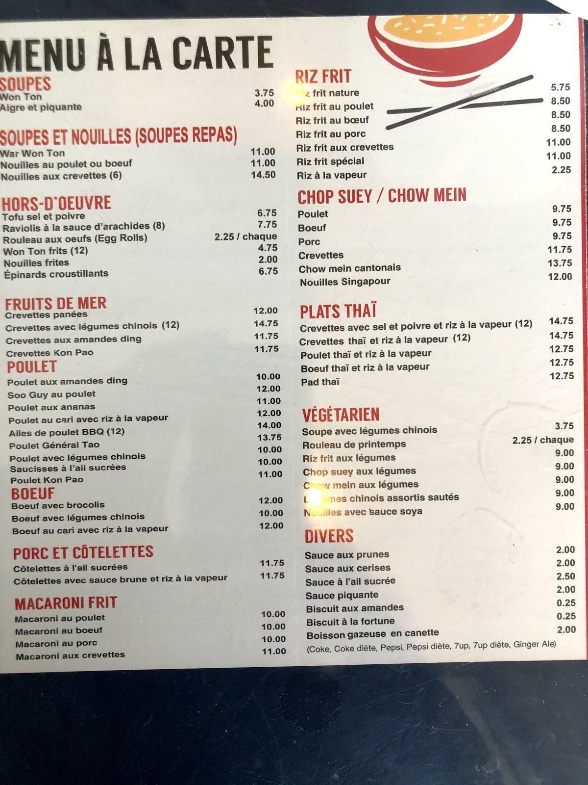Menu au Wok 49 restaurant, Mascouche