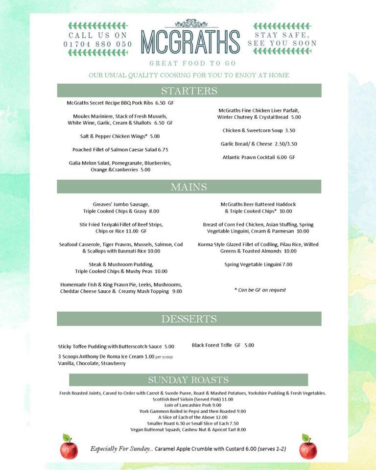 Menu at Master McGraths restaurant, Ormskirk
