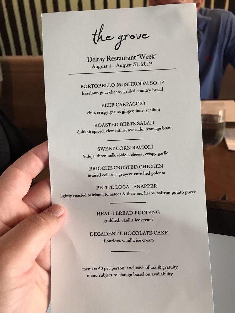 Menu at The Grove restaurant, Delray Beach