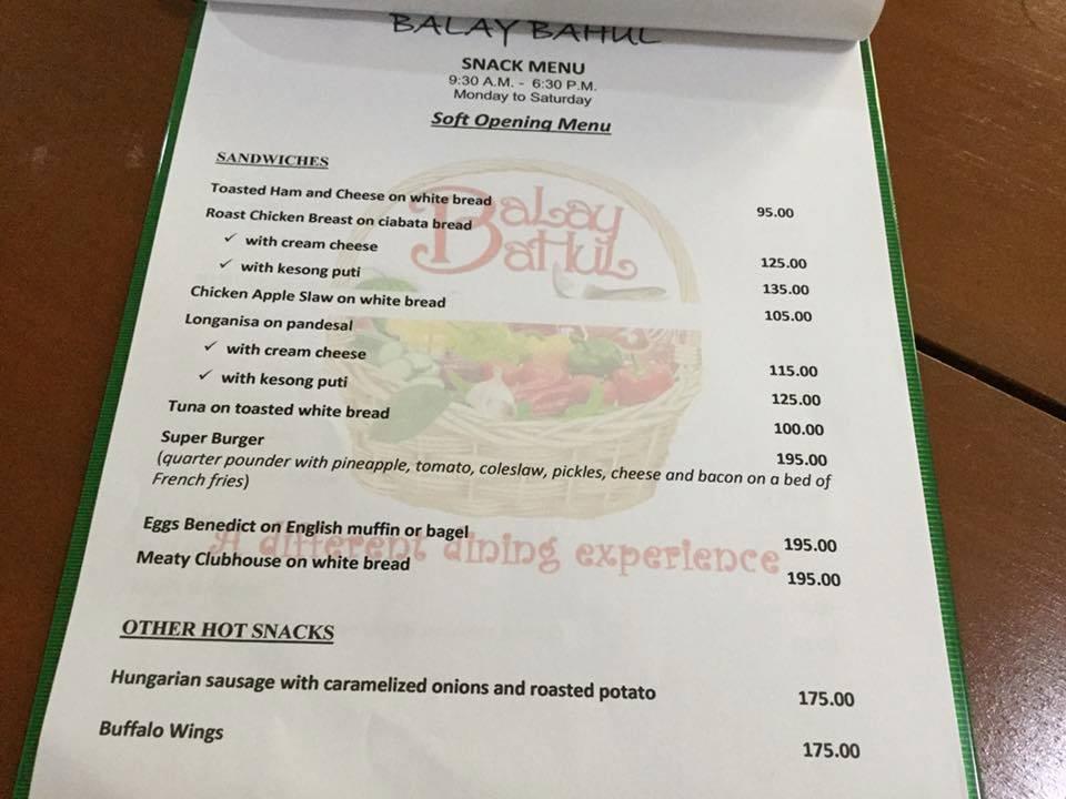 Menu at Balay Bahul restaurant, Culasi