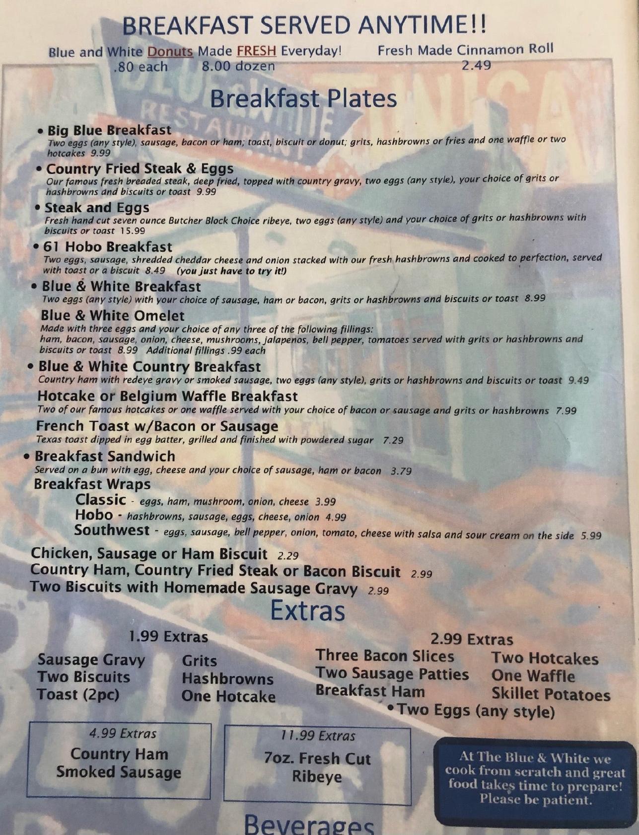 Menu at Blue & White restaurant, Tunica