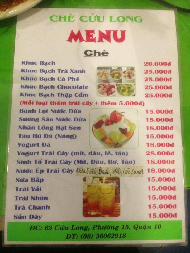 Menu at Che Cuu Long restaurant, Ho Chi Minh City