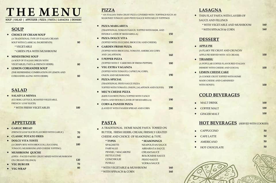 Menu at La Mensa, Coimbatore