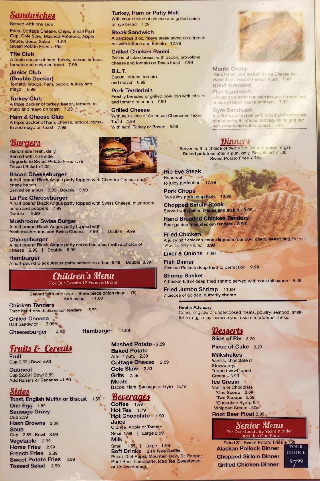 Menu at La Paz Diner desserts, La Paz