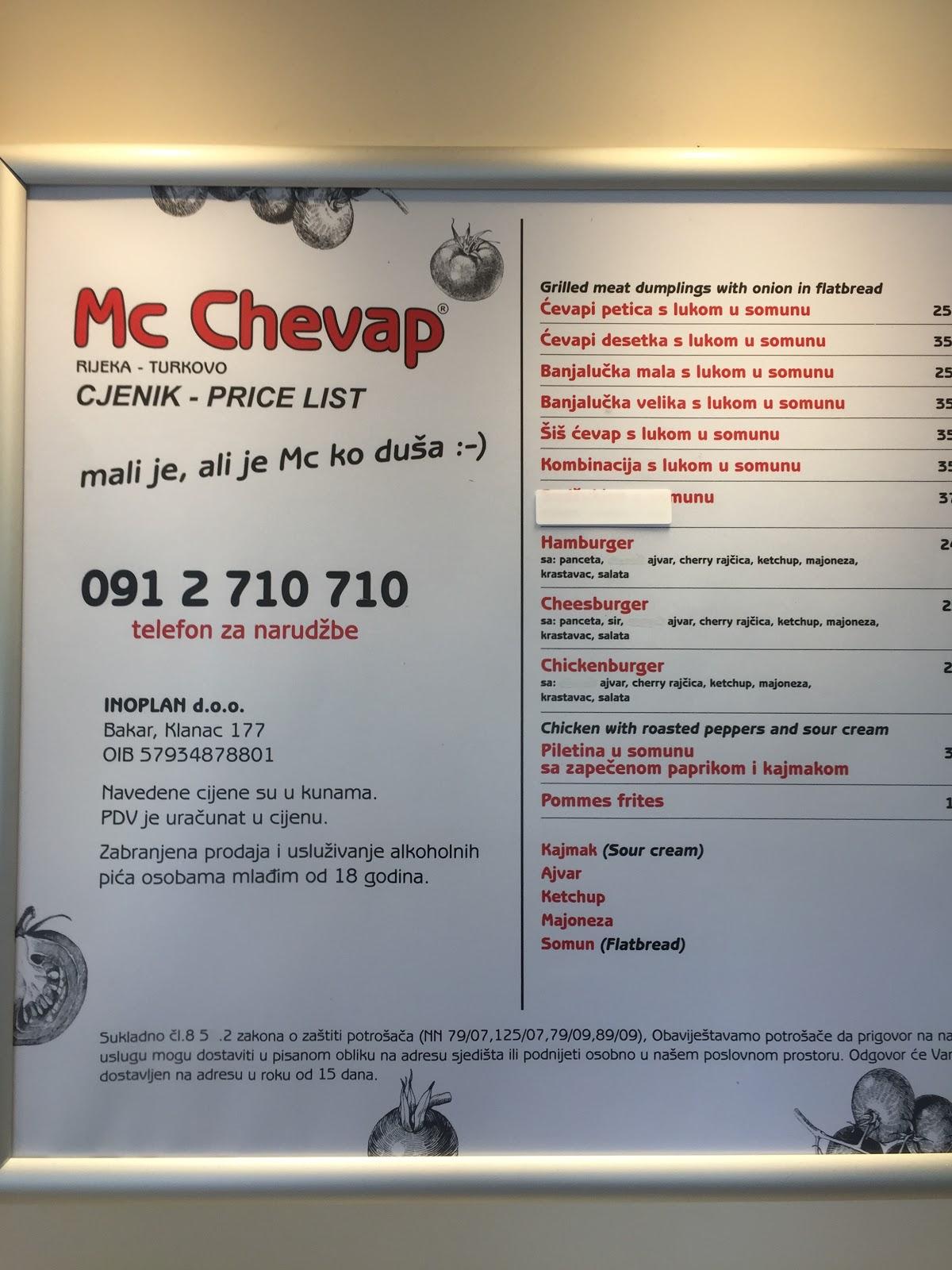 Menu at MC CHEVAP (dostava ćevapa, ćevapčića Rijeka) restaurant, Rijeka ...