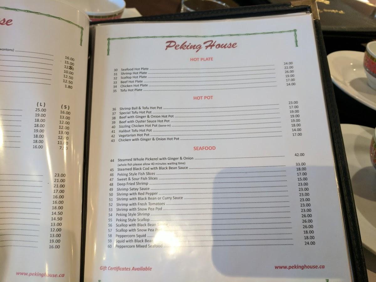 Menu at Peking House restaurant, Regina