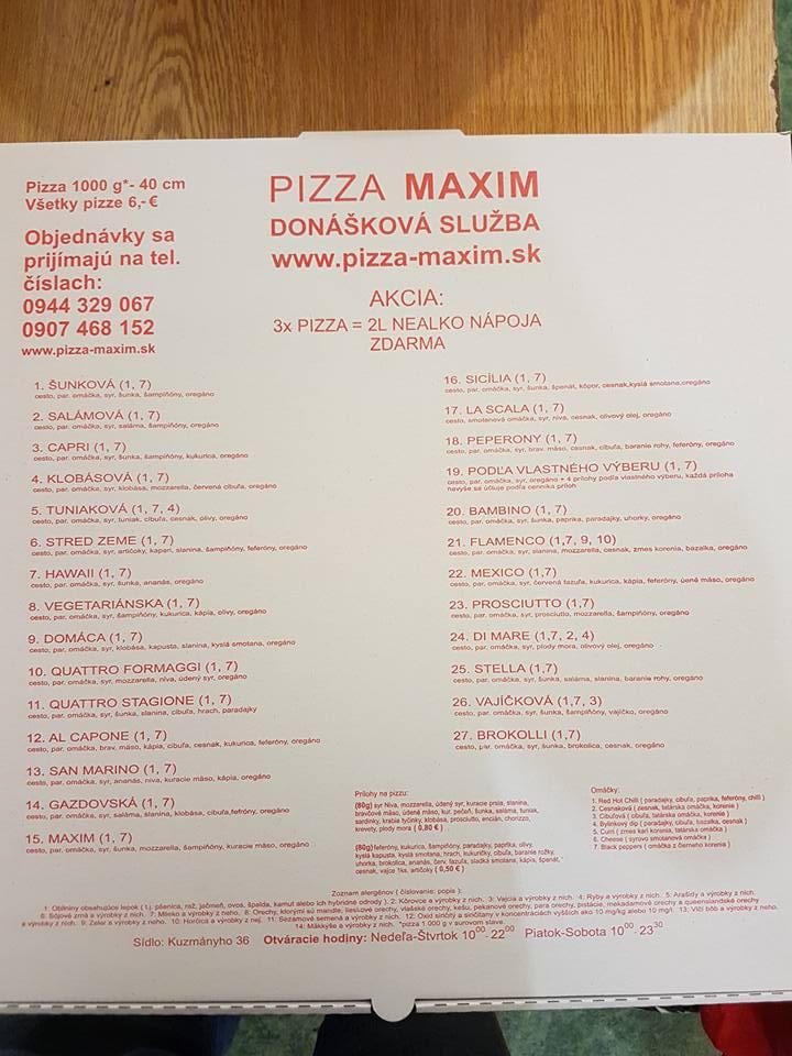 Speisekarte von Pizza Maxim - donášková služba, Martin