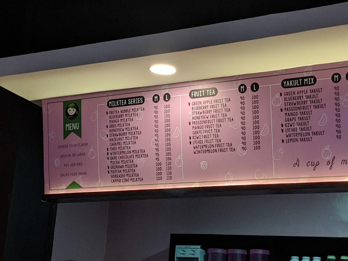 Menu at Pretea Milktea cafe, Iloilo City