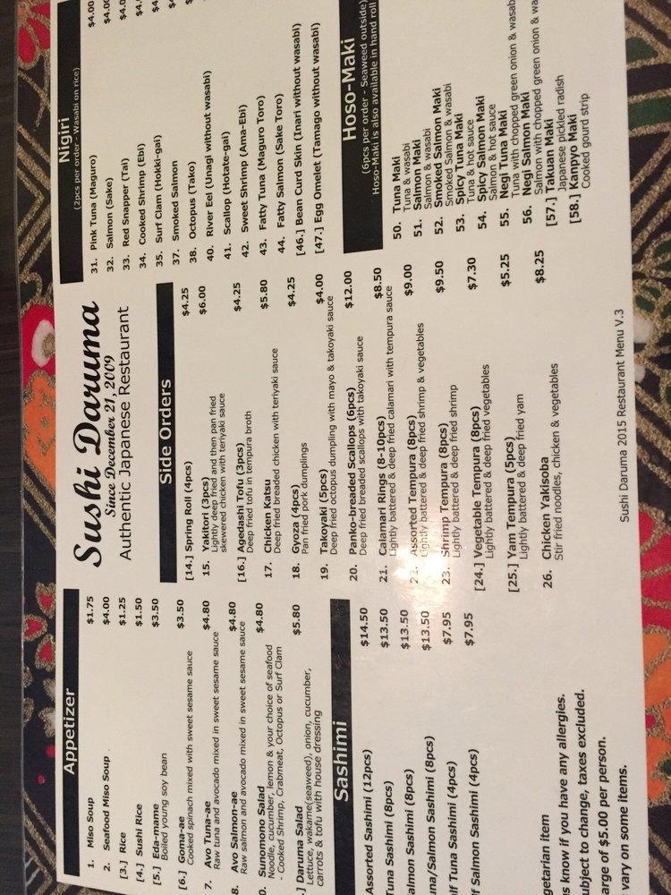 Menu at Sushi Daruma restaurant, Winnipeg, Henderson Hwy Unit 34
